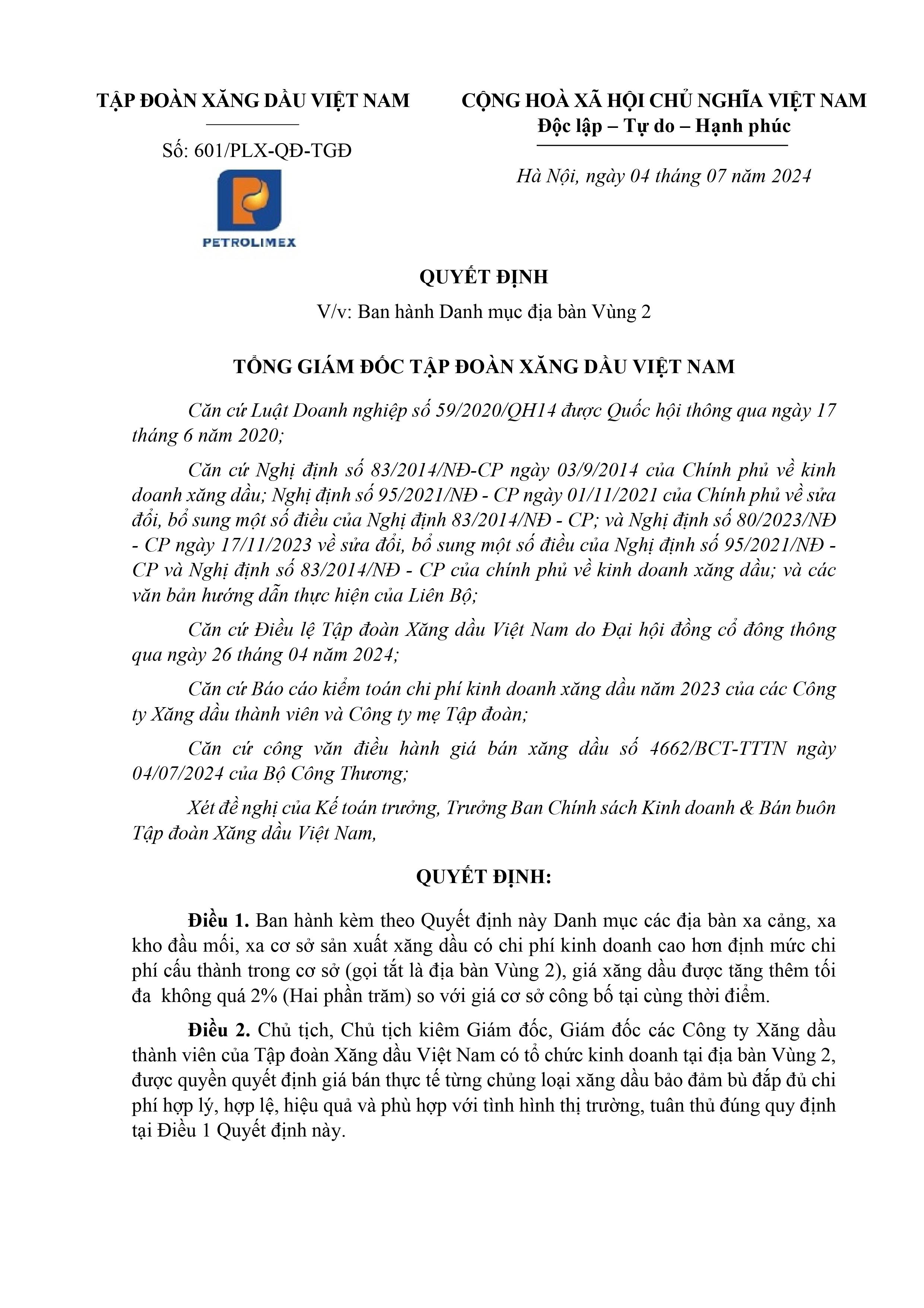 Danh mục địa bàn Vùng 2 từ ngày 04.7.2024 :: Tập đoàn Xăng dầu Việt Nam - Đại hội cổ đông